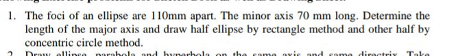 1. The foci of an ellipse are 110 mm apart. The minor axis 70 mm long ...