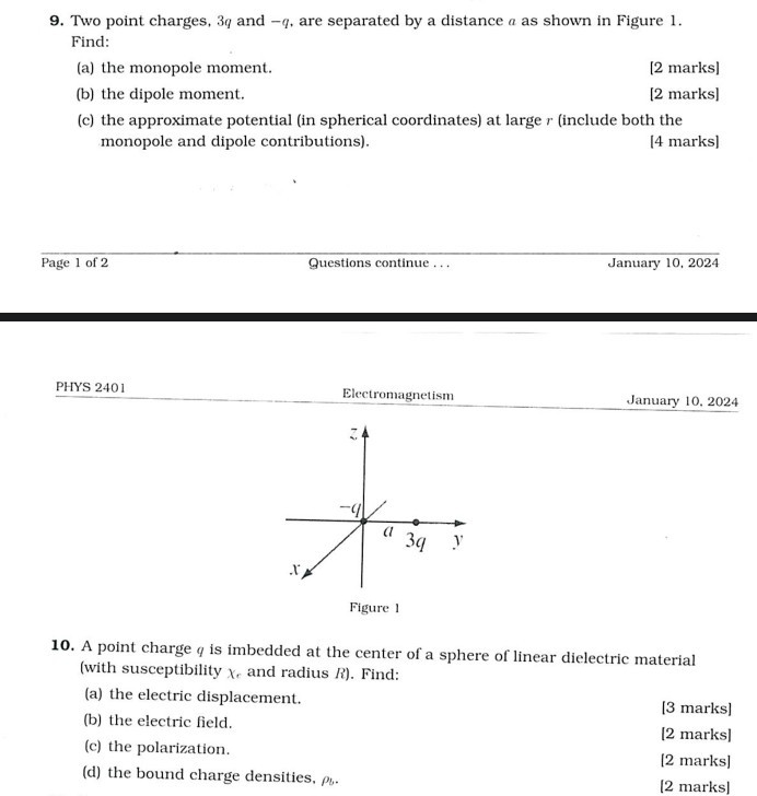 9. Two point charges, 3 q and -q, are separated by a distance a as ...