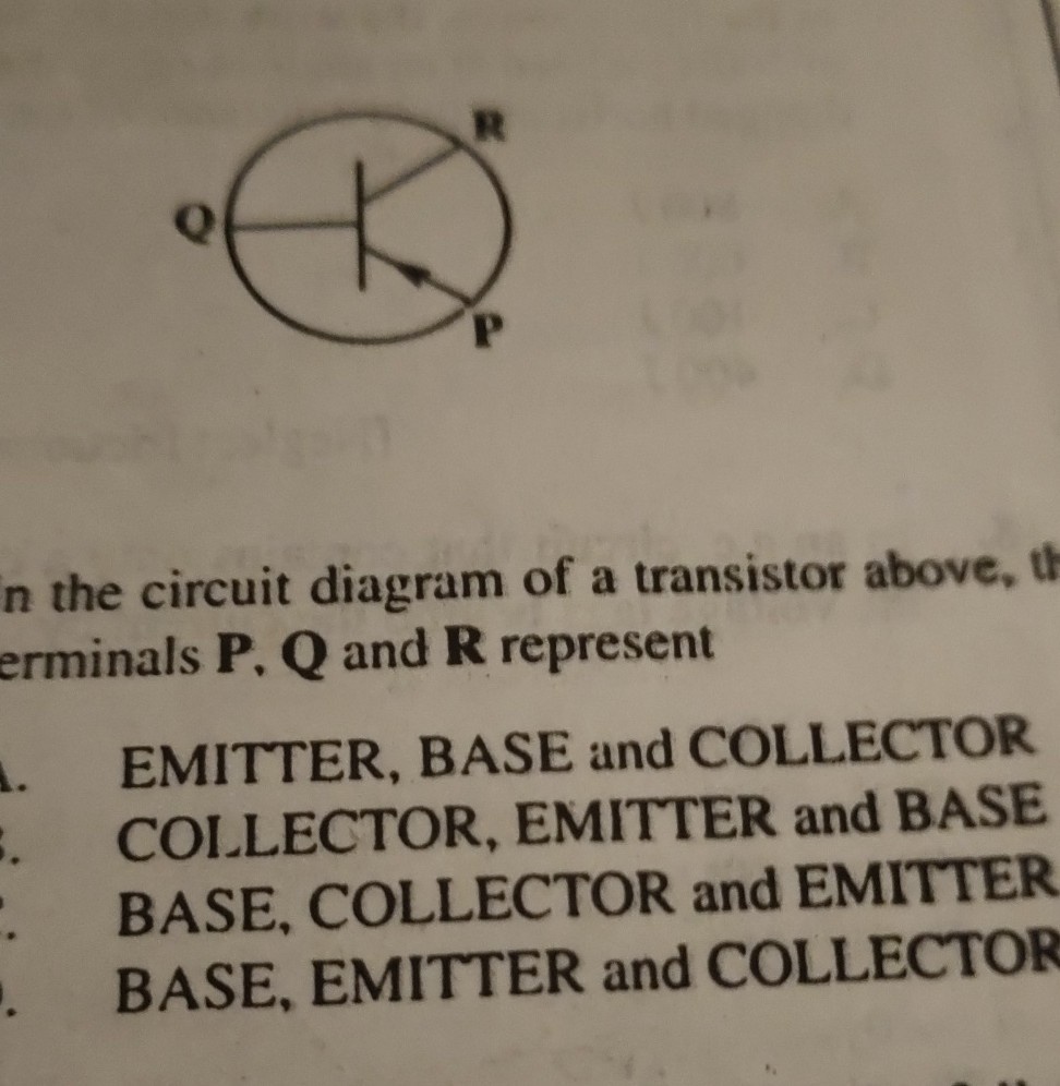 n the circuit diagram of a transistor above, erminals 𝐏, 𝐐 and 𝐑 ...