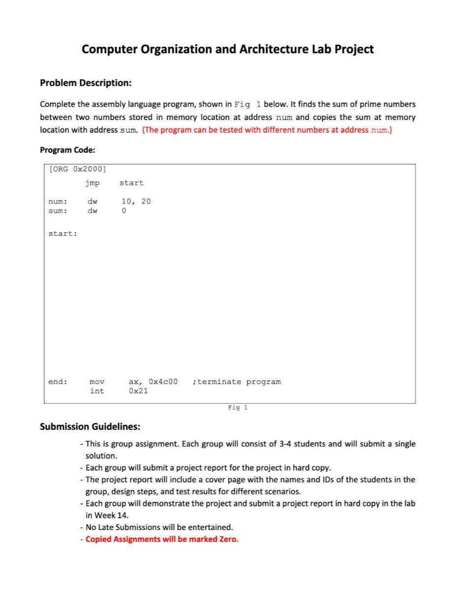 computer organization and architecture lab project problem description complete the assembly ...