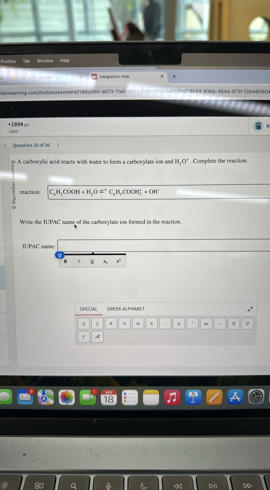 Profiles Tab Window Help Ch. 12 Homework Integration Hub illanlearning.com/ihub/assessment ...