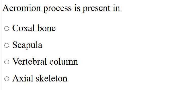 Acromion process is present in Coxal bone Scapula Vertebral column ...