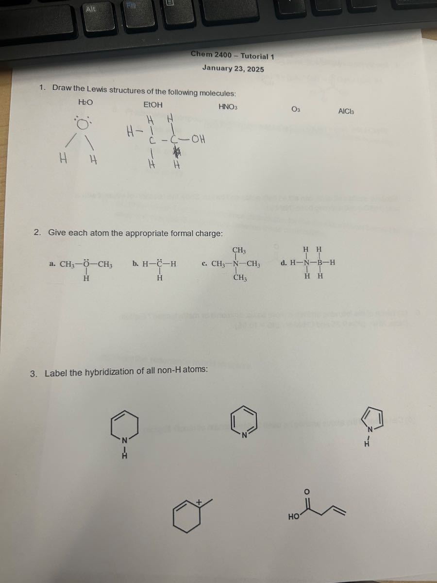 Chem 2400 - Tutorial 1 January 23, 2025 1. Draw the Lewis structures of the following molecules ...