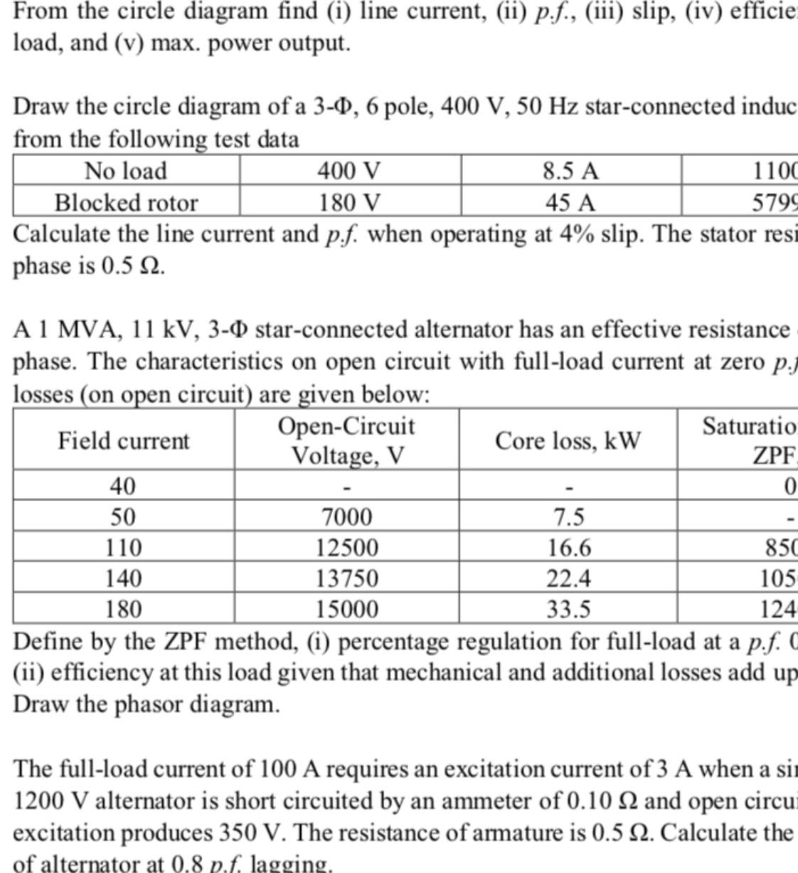 from the circle diagram find i line current ii pf iii slip iv efficie ...