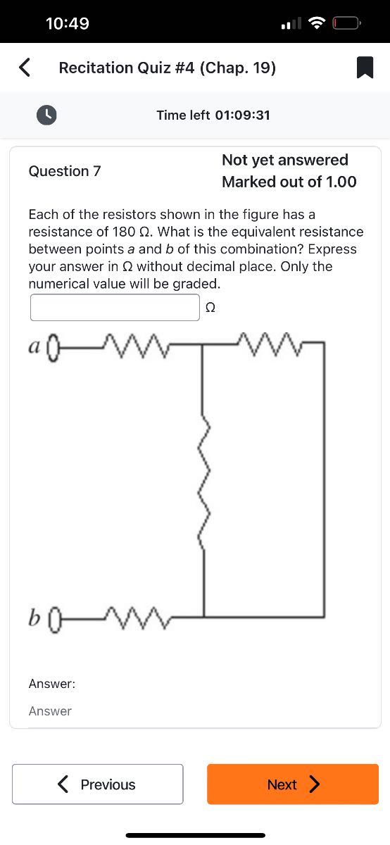 10:49 Recitation Quiz #4 (Chap. 19) Question 7 Not yet answered Marked ...