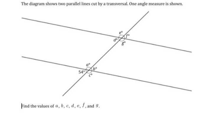 The diagram shows two parallel lines cut by a transversal. One angle measure is shown. F ind the ...