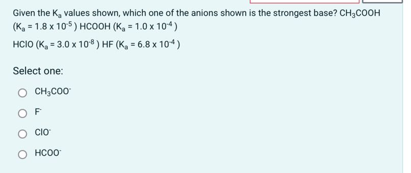 Given the Ka values shown, which one of the anions shown is the ...