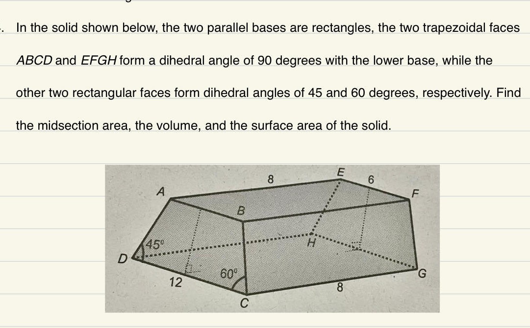 in the solid shown below the two parallel bases are rectangles the two ...