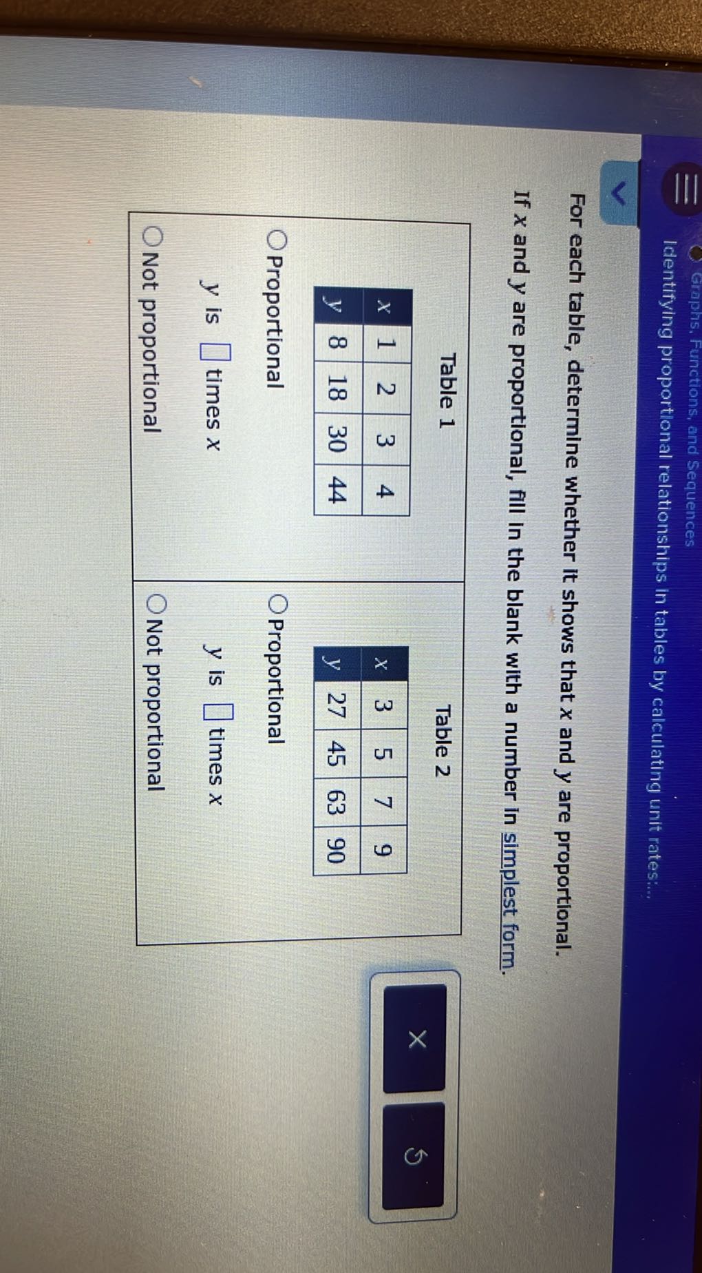 graphs, Functions, and Sequences Identifying proportional relationships in tables by calculating ...