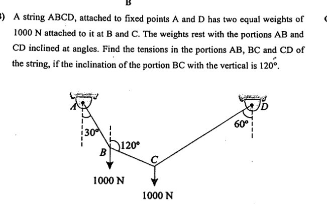 A string A B C D, attached to fixed points A and D has two equal ...