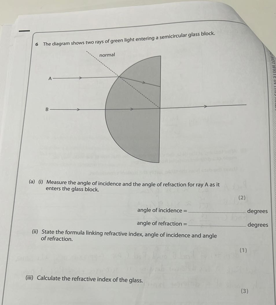 6 The diagram shows two rays of green light entering a semicircular ...
