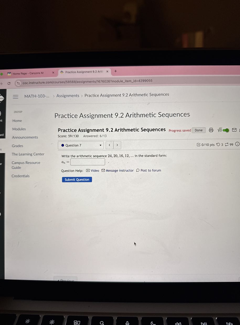 Home Page - Canyons M Practice Assignment 9.2 Arit! coc.instructure.com ...