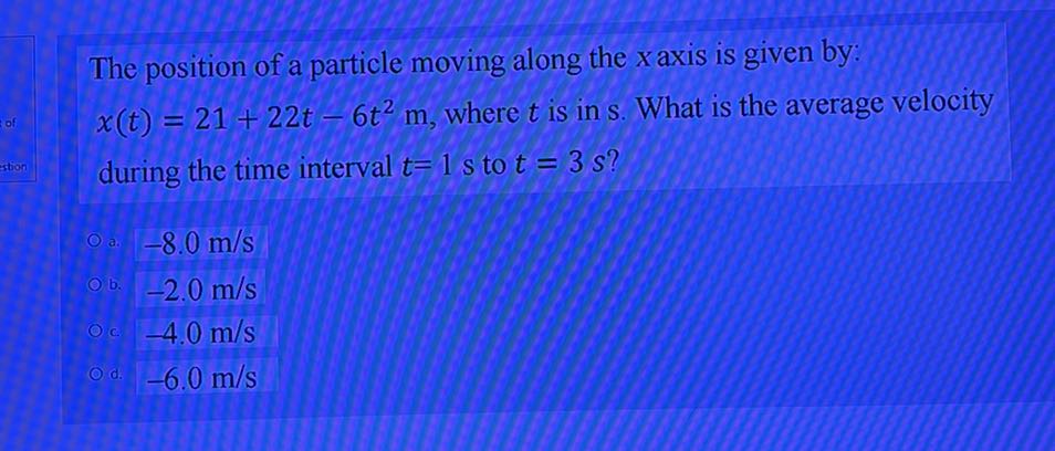 The position of a particle moving along the x axis is given by: x(t)=21+22 t-6 t^2 m, where t is ...
