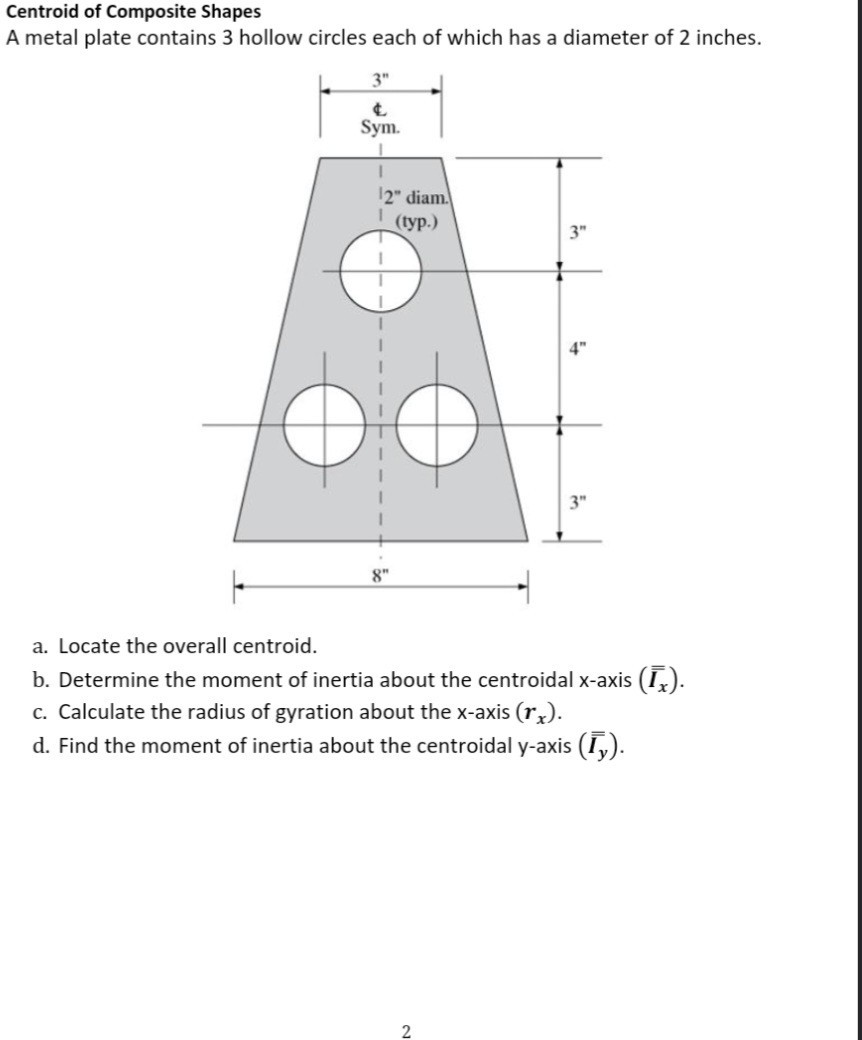 centroid of composite shapes a metal plate contains 3 hollow circles each of which has a ...