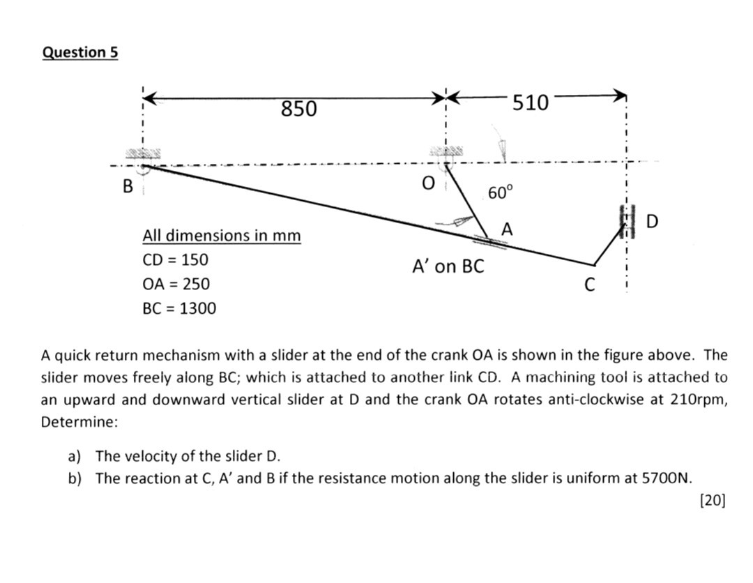 Question 5 A quick return mechanism with a slider at the end of the ...