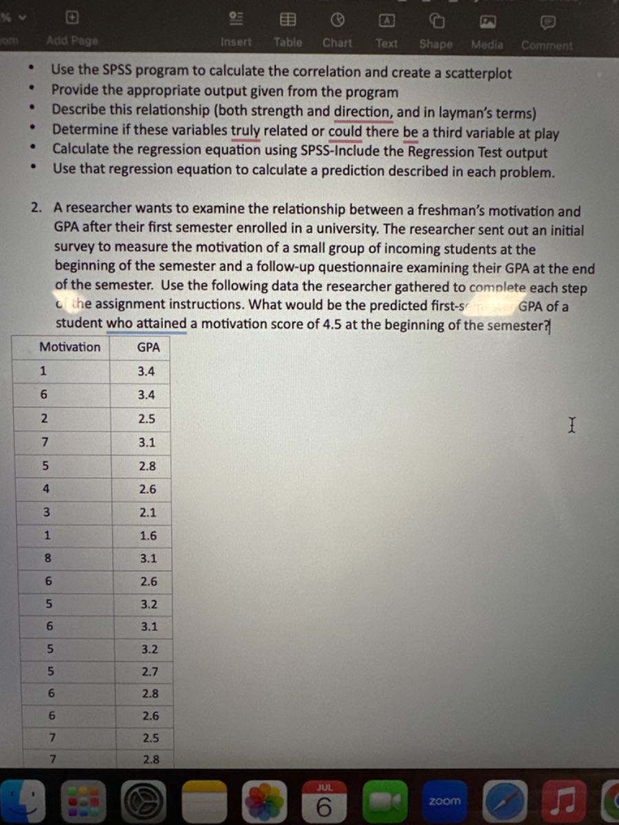 - Use the SPSS program to calculate the correlation and create a scatterplot - Provide the ...
