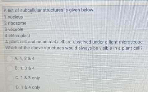 A list of subcellular structures is given below. 1 nucieus 2 ribosome 3 ...