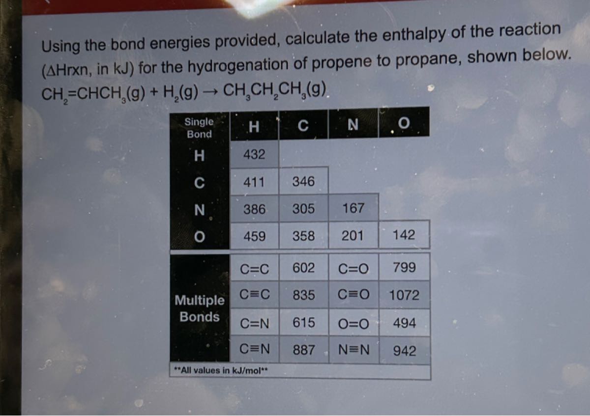 Using the bond energies provided, calculate the enthalpy of the ...
