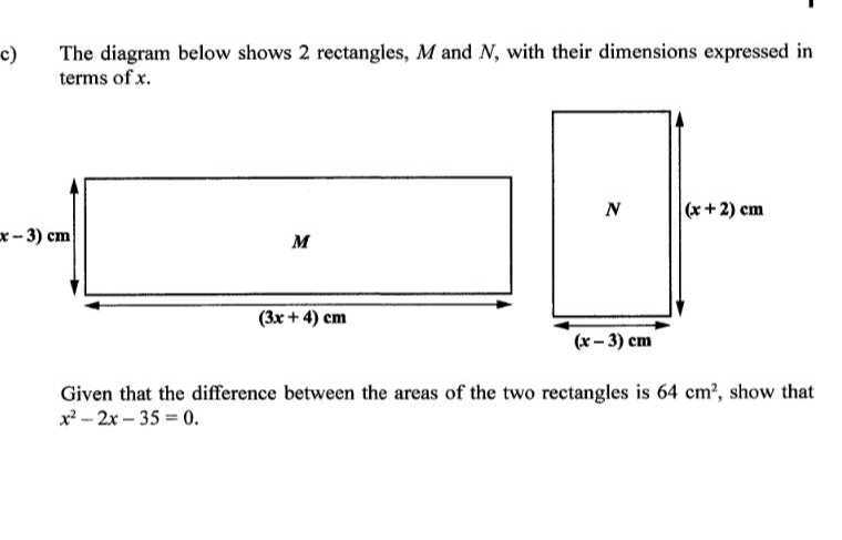 c) The diagram below shows 2 rectangles, M and N, with their dimensions ...