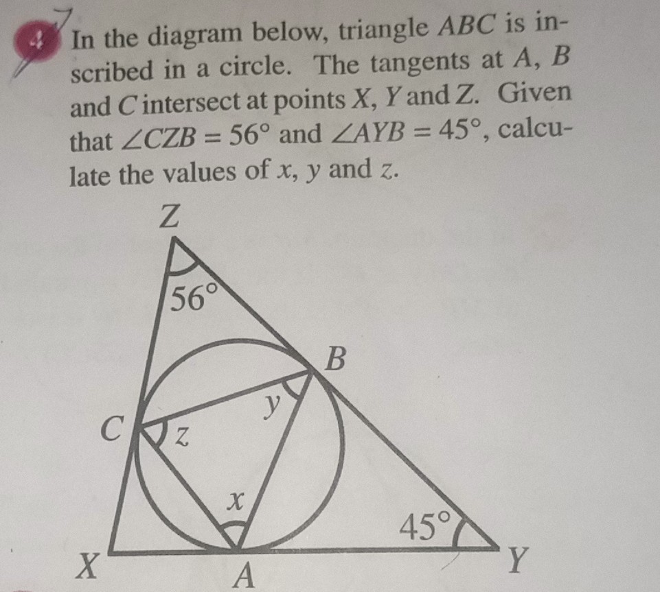 In the diagram below, triangle A B C is inscribed in a circle. The ...