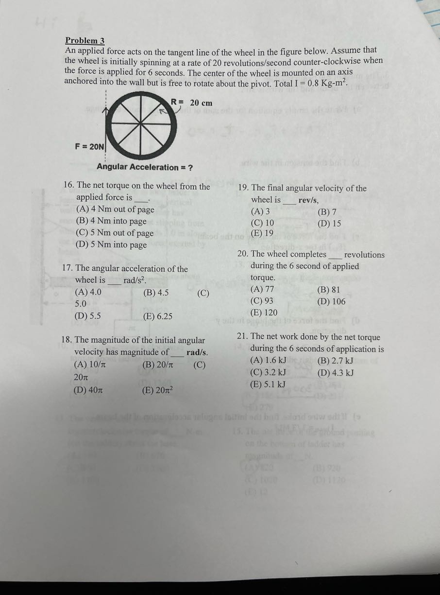Problem 3 An applied force acts on the tangent line of the wheel in the ...