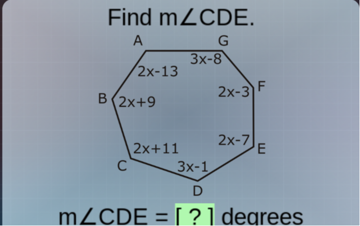 SOLVED: Find m∠CDE. m∠CDE=[ ? ] dearees