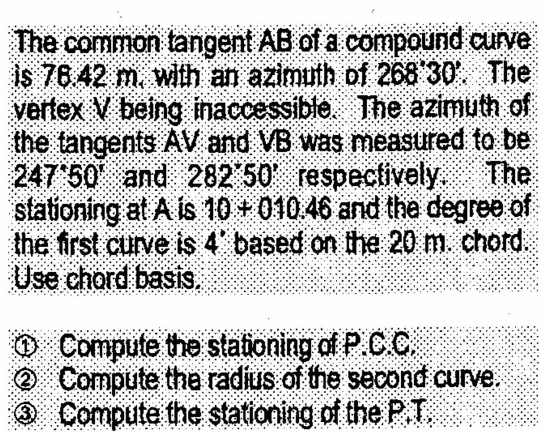 the common tangent ab of a compound curve is 7642 m with an azimith of ...