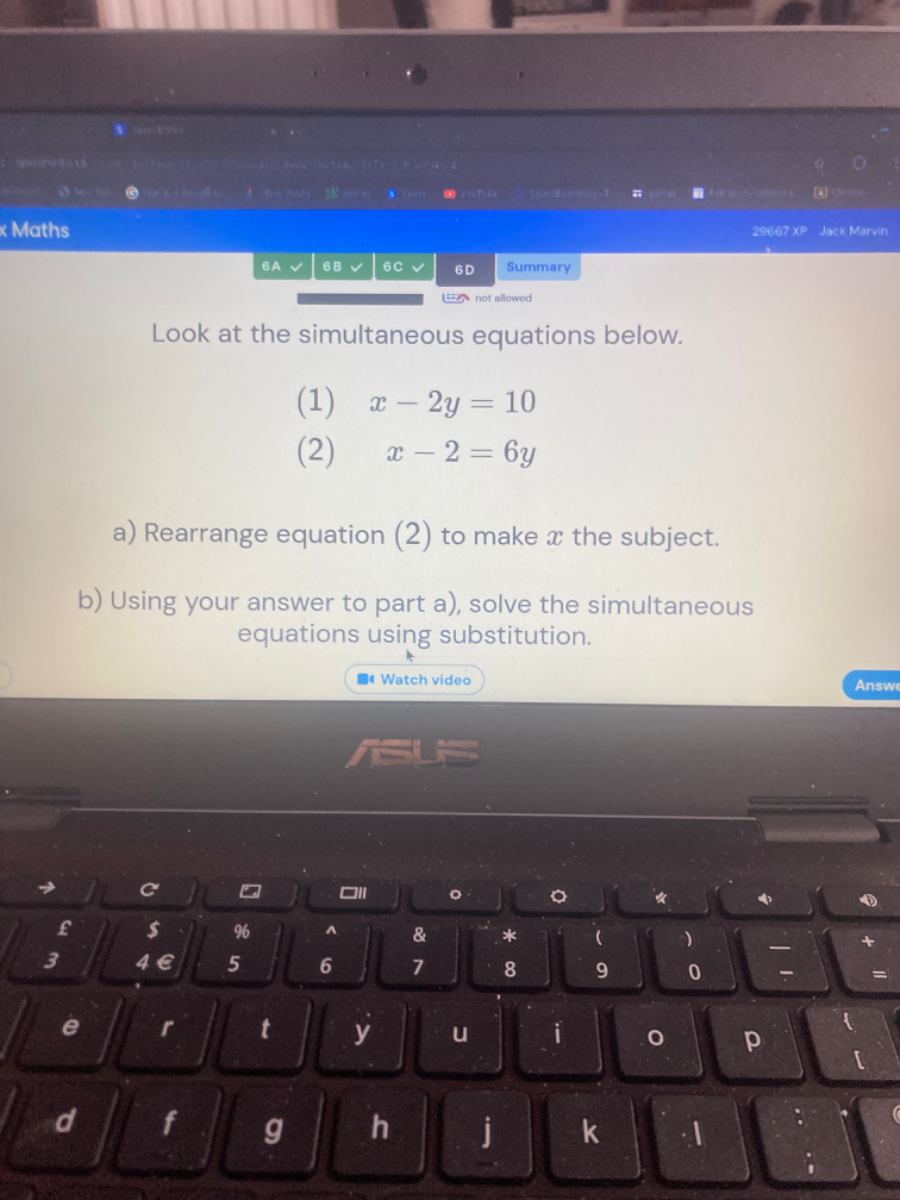 Look at the simultaneous equations below. (1) x-2 y=10 (2) x-2=6 y a ...