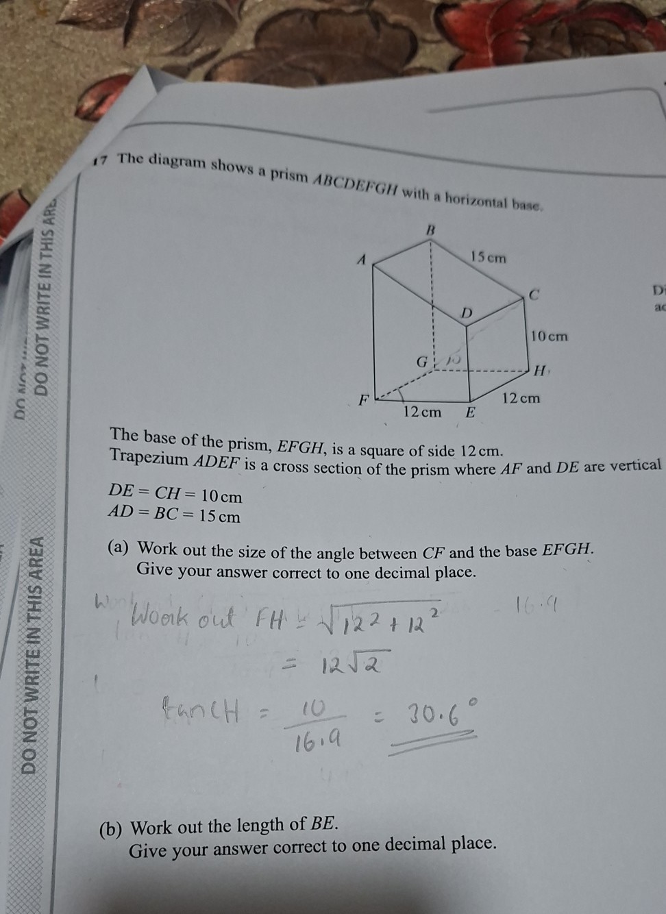 17 The diagram shows a prism 1 BCDEFGH with a horizontal base. DO NOT ...