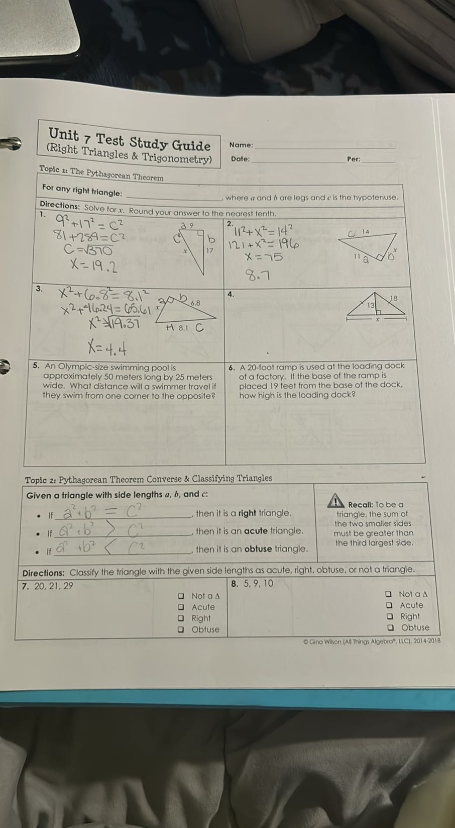 Unit > Test Study Guide (Right Triangles & Trisonometry) Name: Date ...