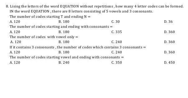 8. Lising the letters of the word EQUATION without repetitions, how ...