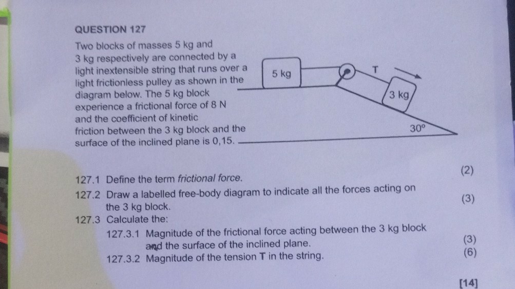QUESTION 127 Two blocks of masses 5 kg and 3 kg respectively are connected by a light ...