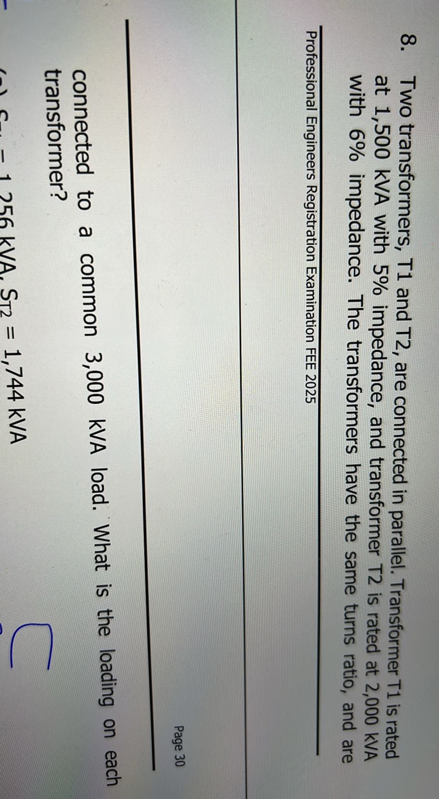 8. Two transformers, T1 and T2, are connected in parallel. Transformer ...