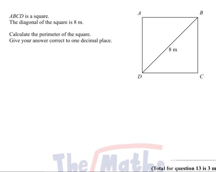 a b c d is a square the diagonal of the square is 8 m calculate the ...