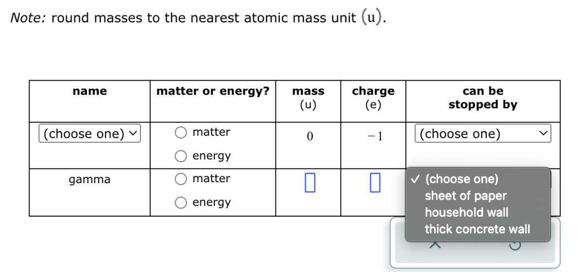 Note: round masses to the nearest atomic mass unit (u). name matter or ...