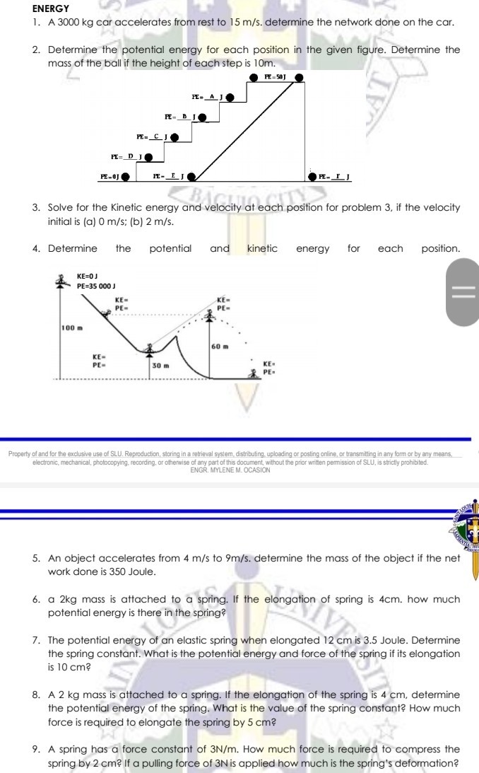ENERGY 1. A 3000 kg car accelerates from rest to 15 m / s. determine ...