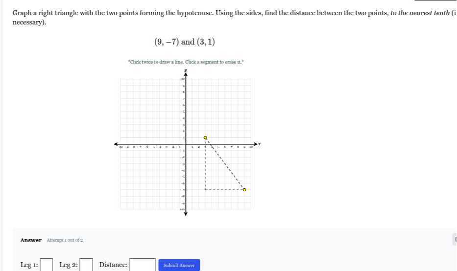 Graph a right triangle with the two points forming the hypotenuse ...