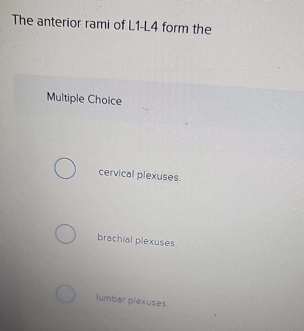 The anterior rami of L1-L4 form the Multiple Choice cervical plexuses ...