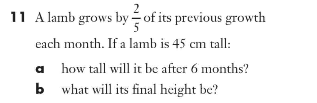 11 A lamb grows by (2)/(5) of its previous growth each...
