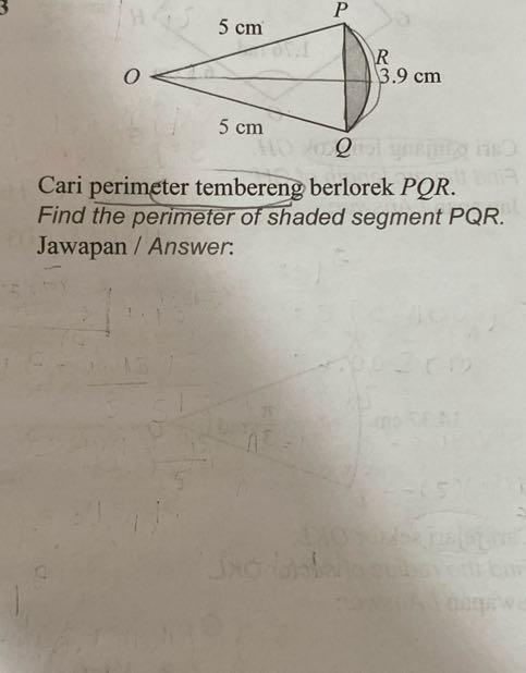 Cari perimeter tembereng berlorek P Q R. Find the perimeter of shaded ...