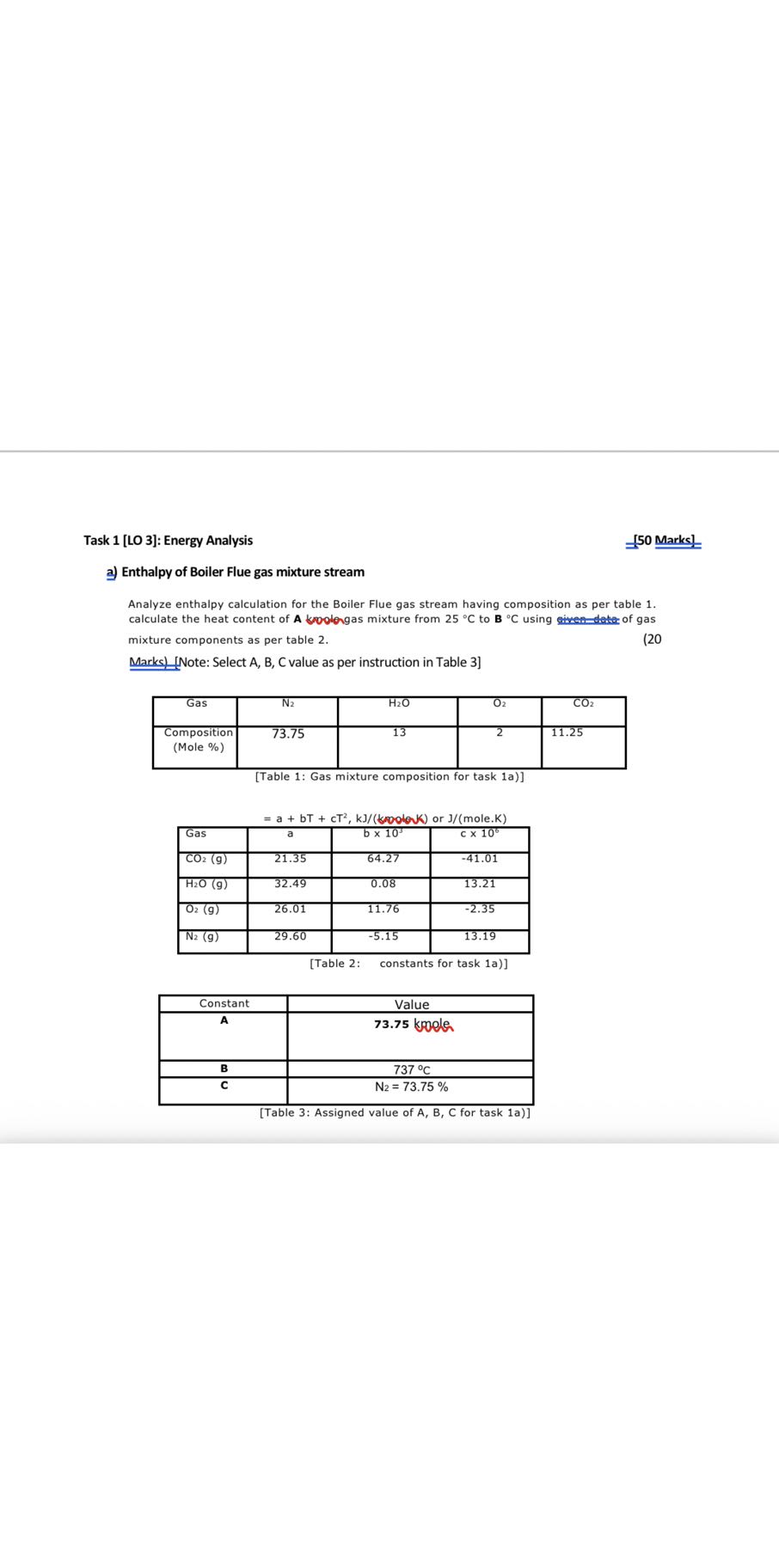 Task 1 [LO 3]: Energy Analysis [50 Marks] a) Enthalpy of Boiler Flue gas mixture stream Analyze ...