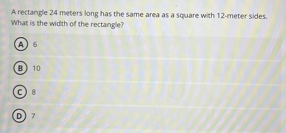 A rectangle 24 meters long has the same area as a square with 12 -meter ...