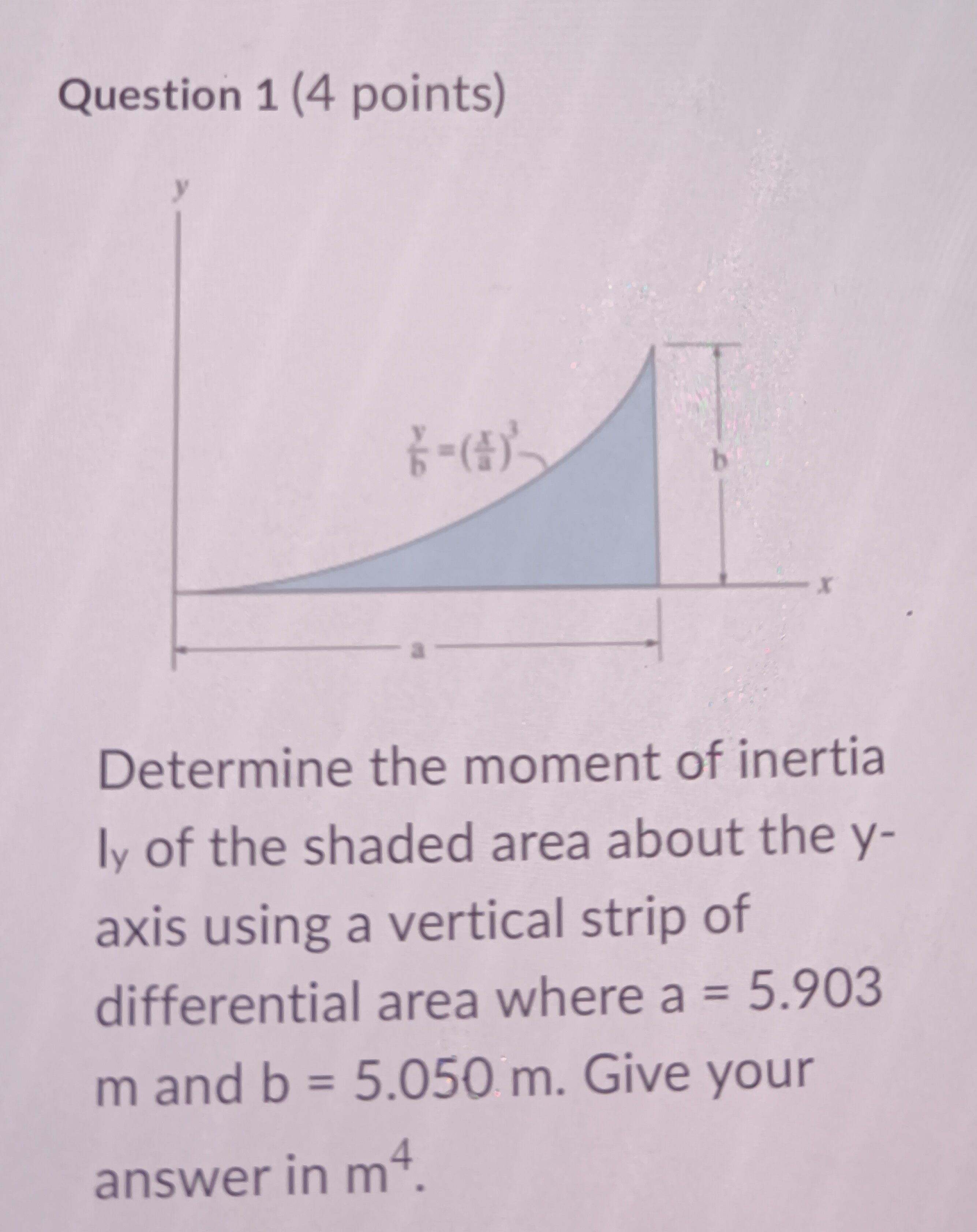 question 1 4 points determine the moment of inertia ly of the shaded area about the y axis using ...