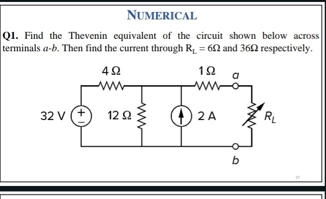 NUMERICAL Q1. Find the Thevenin equivalent of the circuit shown below ...