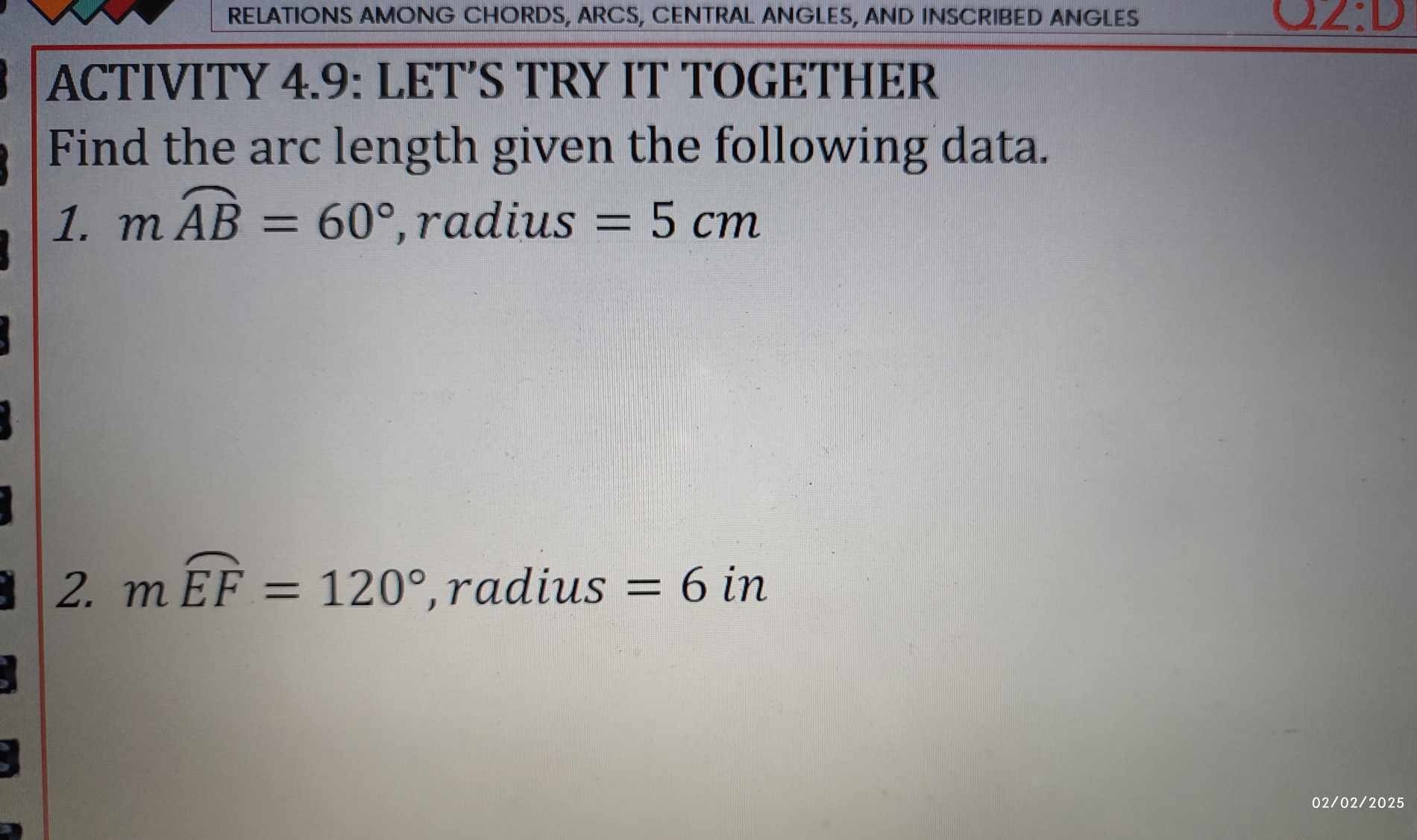 RELATIONS AMONG CHORDS, ARCS, CENTRAL ANGLES, AND INSCRIBED ANGLES ...