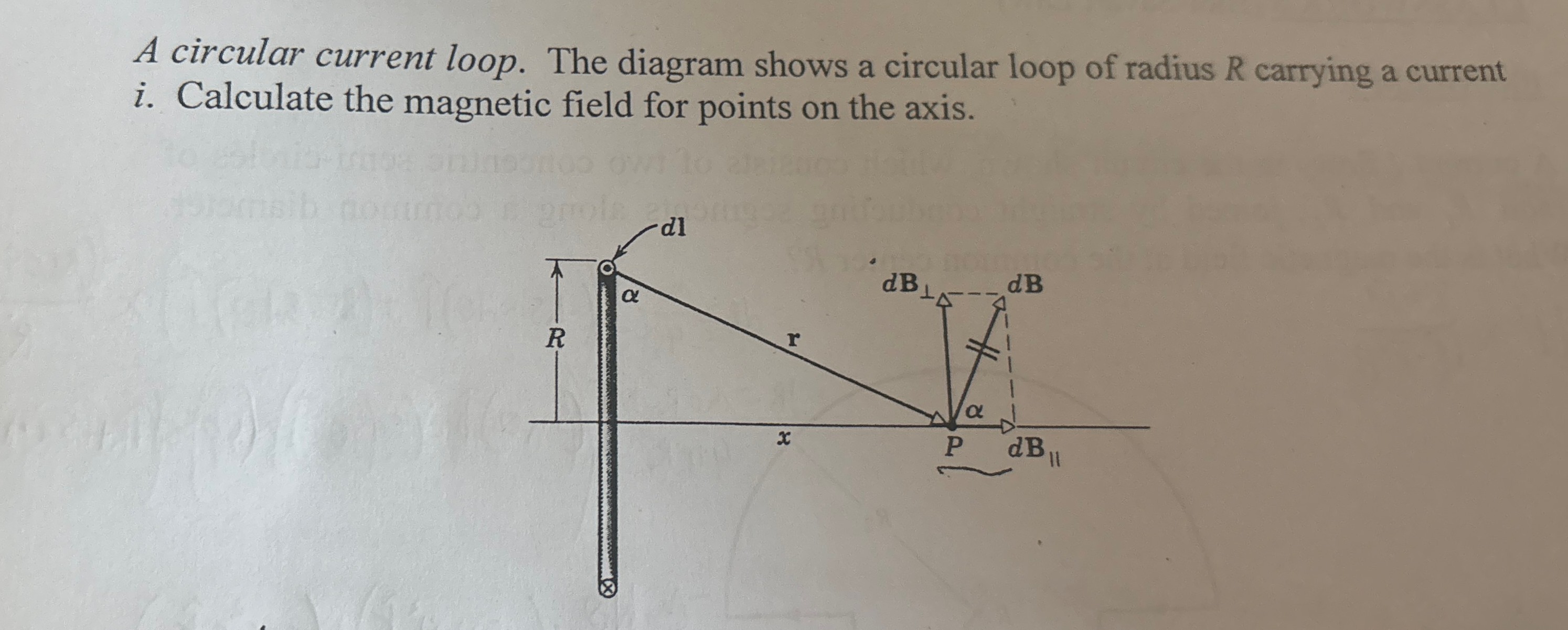 A circular current loop. The diagram shows a circular loop of radius R carrying a current i ...