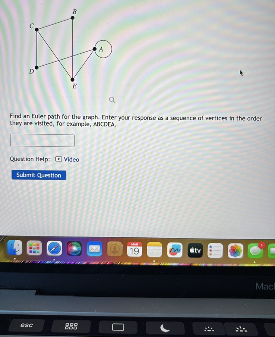 [GET ANSWER] Find an Euler path for the graph. Enter your response as a sequence of vertices in ...