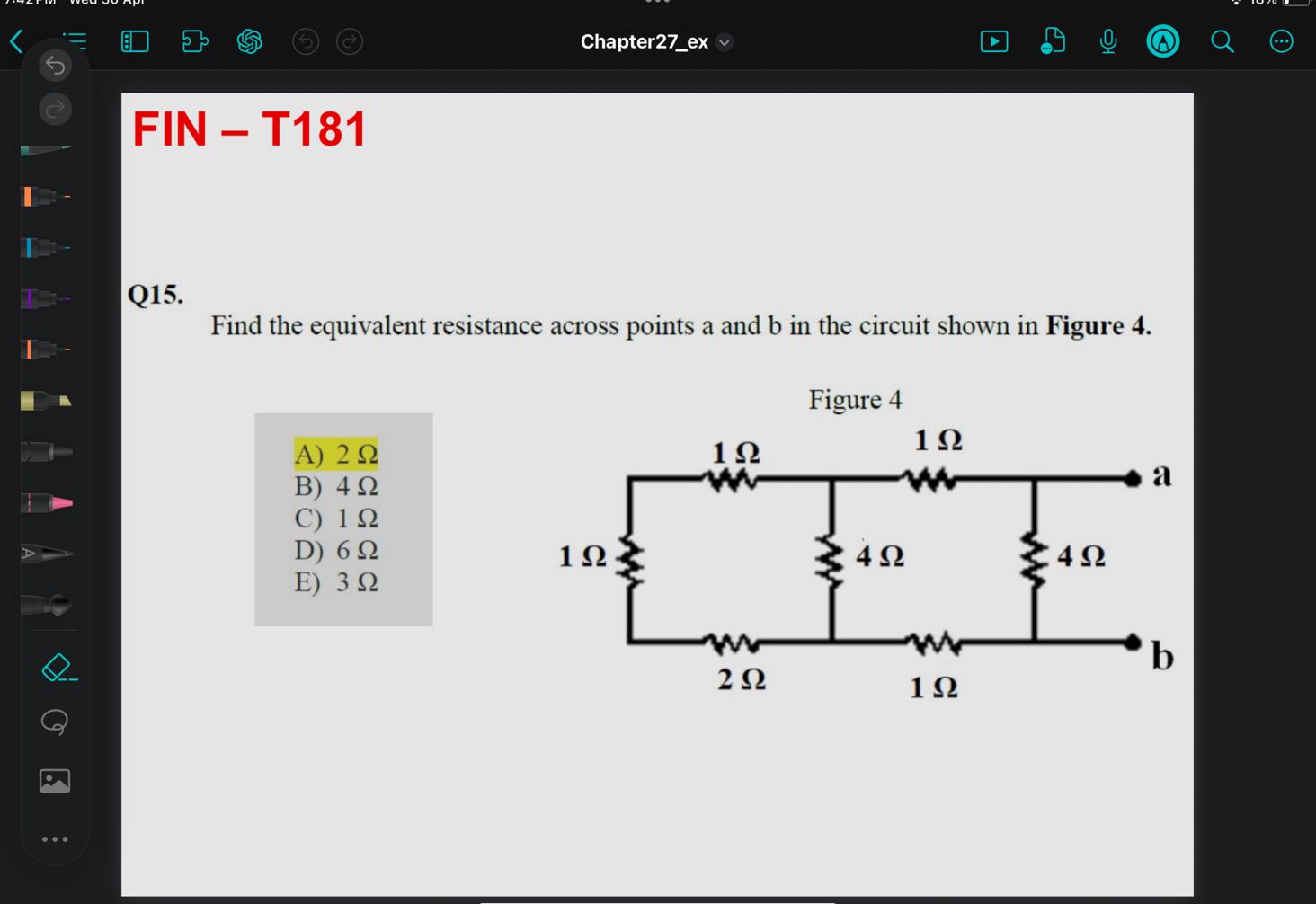 Chapter27ex FIN - T181 Q15. Find the equivalent resistance across ...