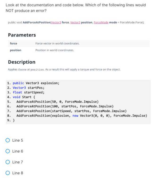 Look At The Documentation And Code Below Which Of The Following Lines Would Not Produce An