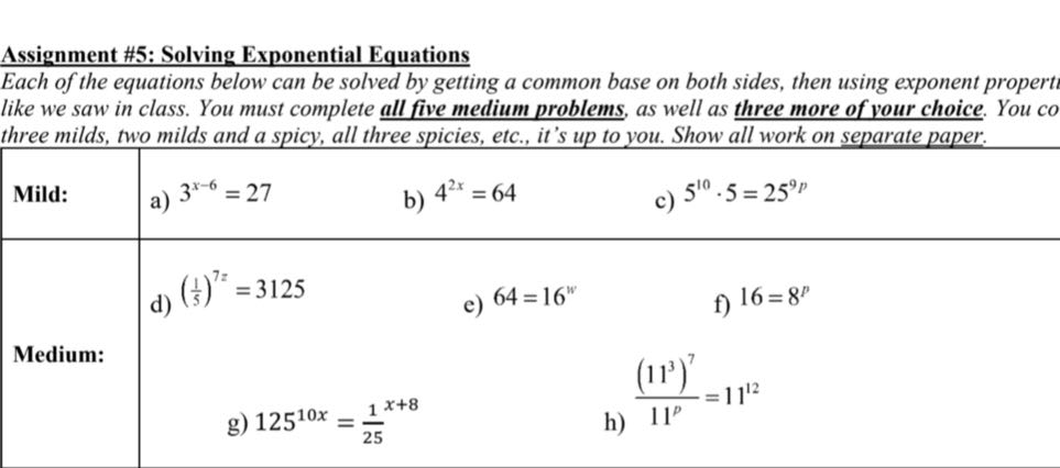 Assignment #5: Solving Exponential Equations Each of the equations ...